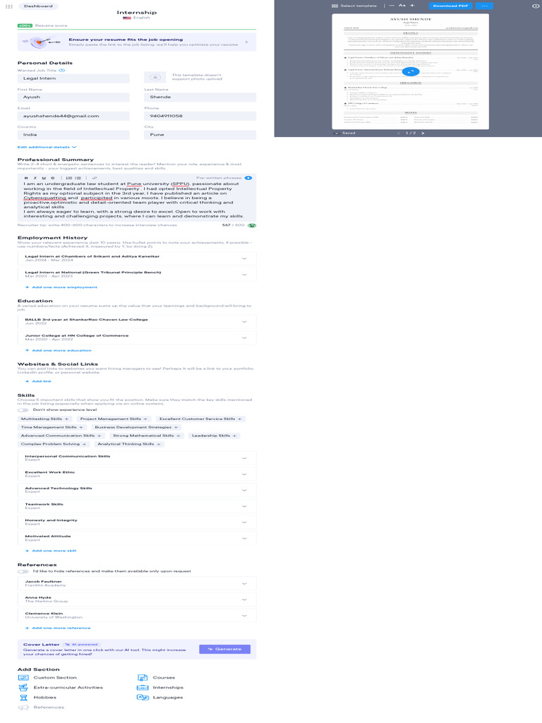 Resume Builder · Resume.io, | PDF | Résumé | Internship