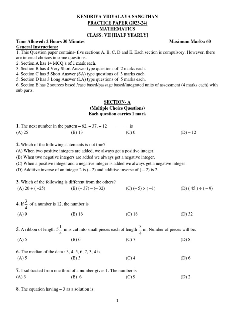 PRACTICE PAPER VII MATHS HALF YEARLY 2023-24 | Download Free PDF | Integer | Multiple Choice