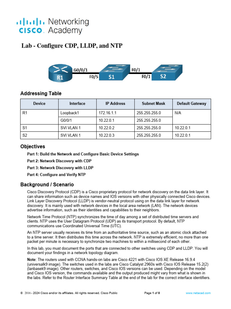 10.8.2 Lab - Configure CDP, LLDP, and NTP - IZZATI | PDF | Computer Network | Network Switch