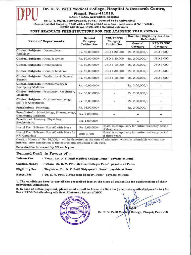 FEES STRUCTURE PG Admission | PDF