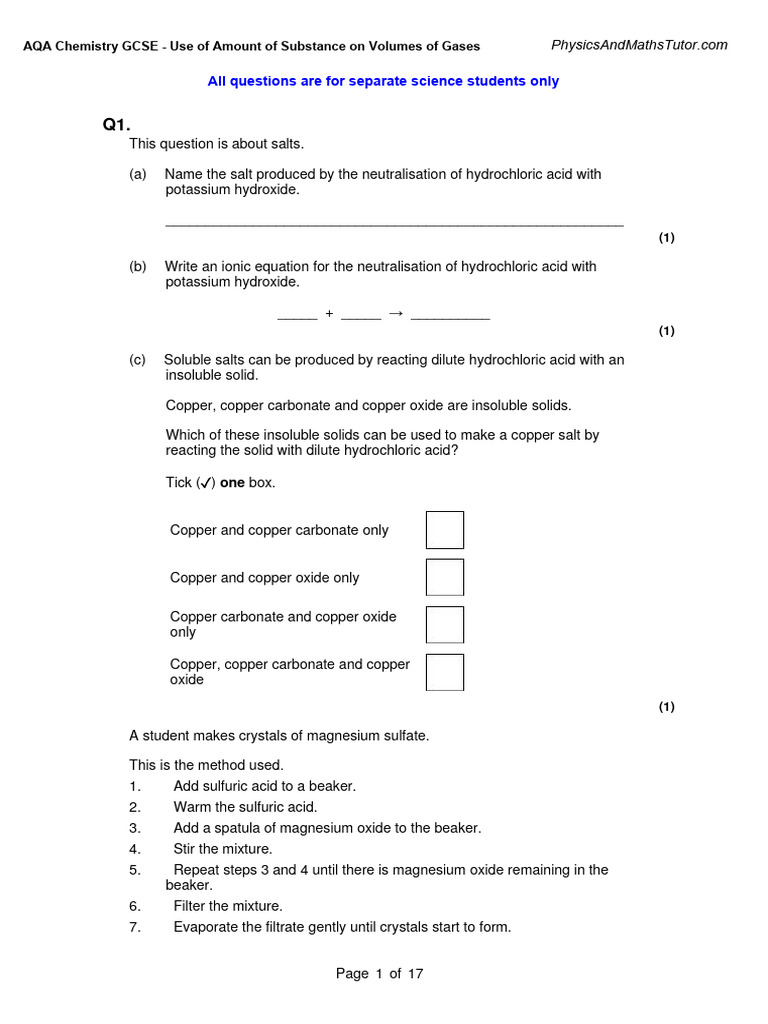 Chemistry GCSE: Salts and Reactions Guide | PDF | Gases | Chemical ...