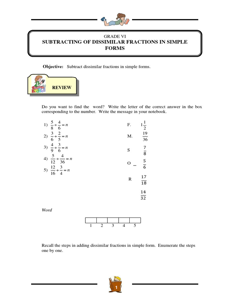 Subtraction of Dissimilar Fractions in Simple Forms.a (R-1 | PDF ...