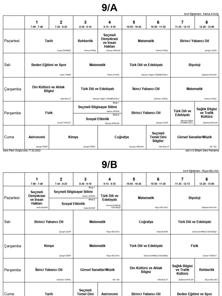 SINIFLARIN Ders Programı | PDF