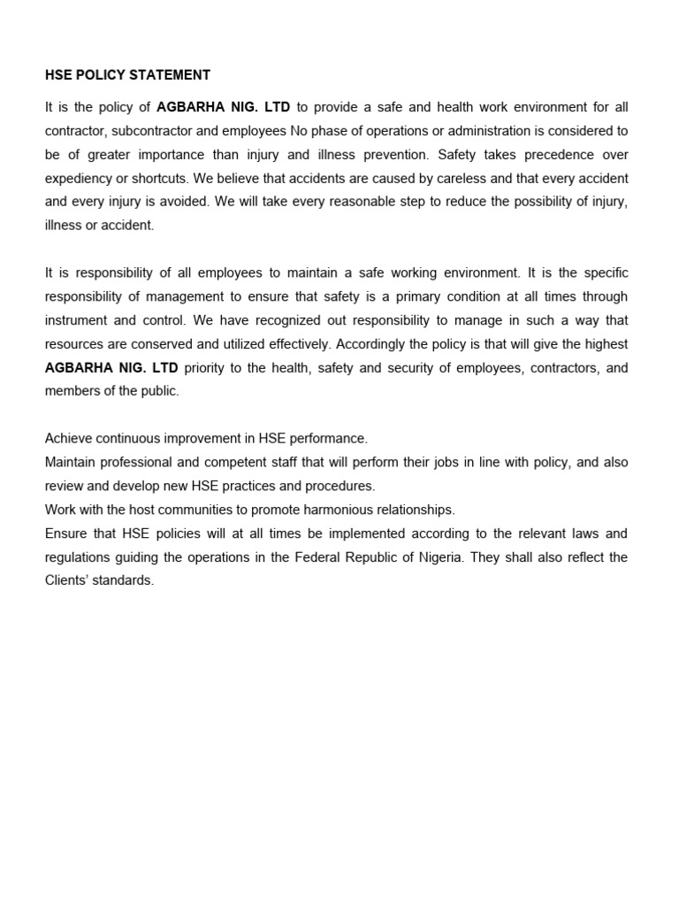 Agbarha HSE Policy Document | PDF | Employment | Driving Under The ...