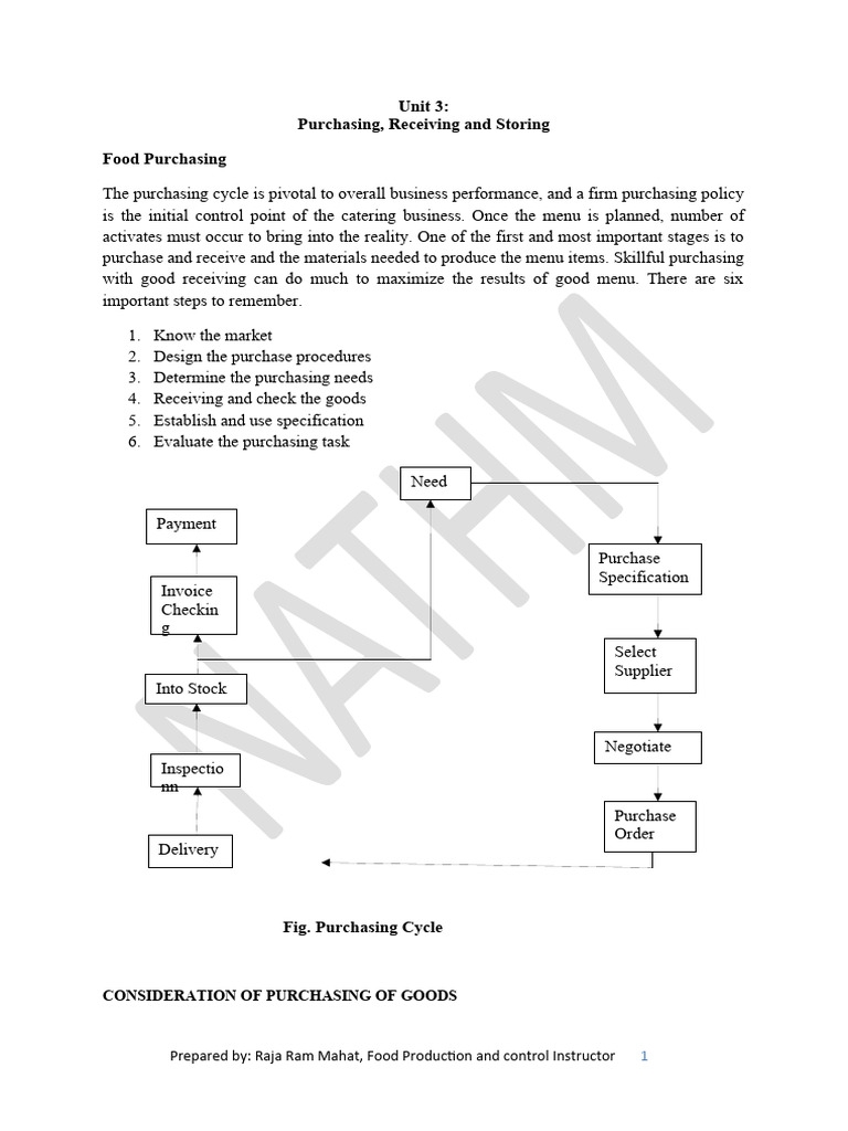 Unit 3 Purchasing Receiving and Storing | PDF | Specification ...