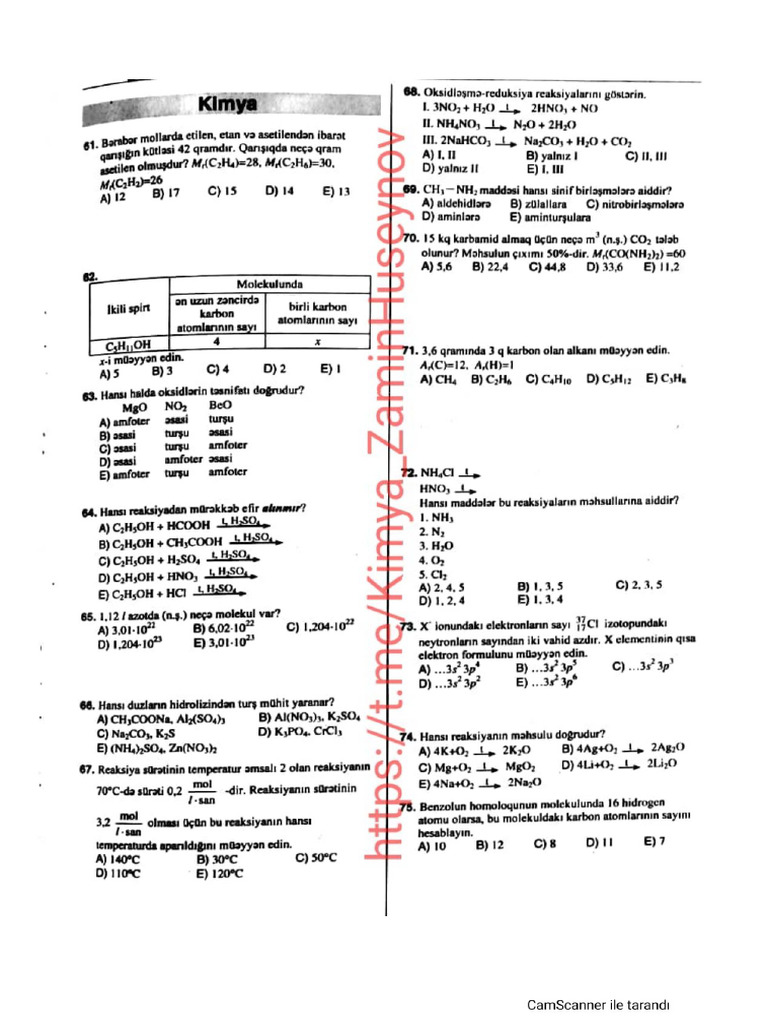 Kimya - 2022 1-Ci CƏHD 1-Ci Qrup Qəbulu | PDF