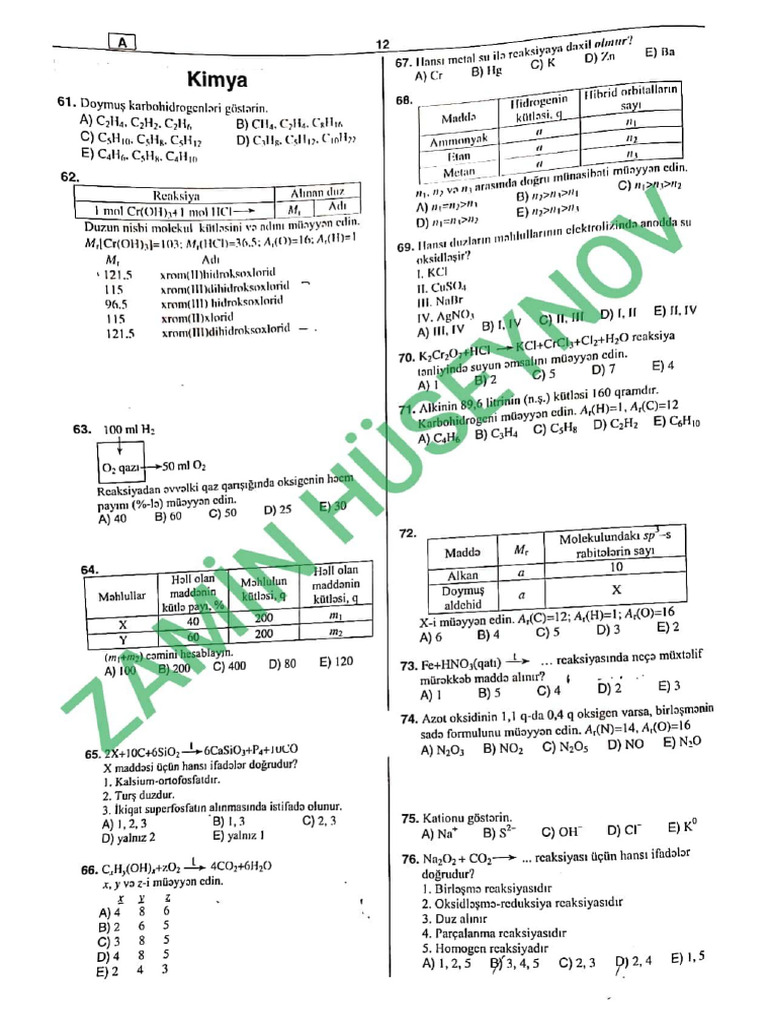 Kimya - 2023 1-Ci Qrup DİM Sınağı | PDF