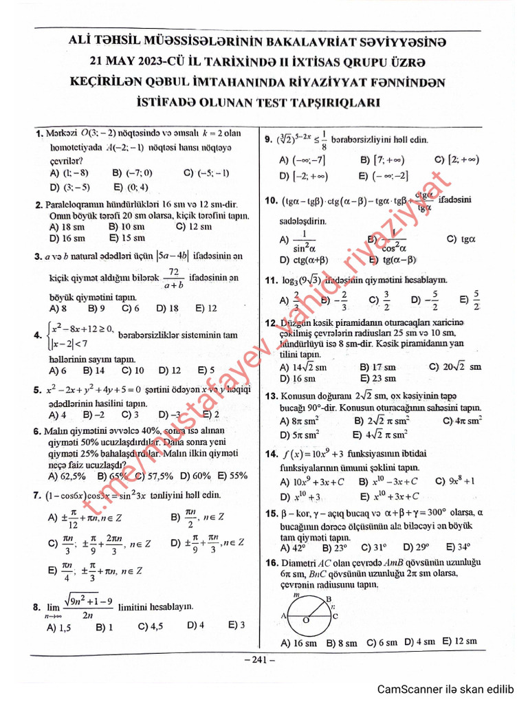 Riyaziyyat - 2023 Qəbulları | PDF
