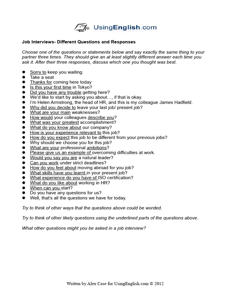 Business English Job Interviews Different Questions and Responses | PDF ...