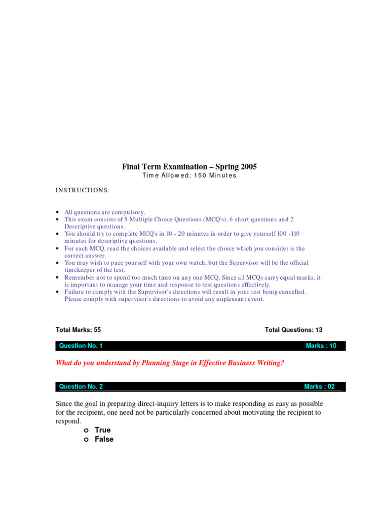 Spring 2005 Final Exam Instructions | PDF | Multiple Choice | Communication
