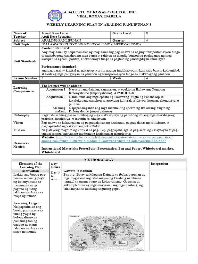 La Salette of Roxas College, Inc. Vira, Roxas, Isabela Weekly Learning Plan in Araling ...