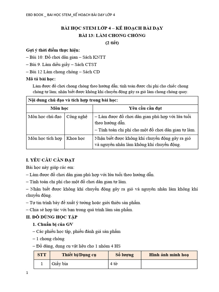 BH Stem 4 - Bài 13 - Làm Chong Chóng - KHBD | PDF