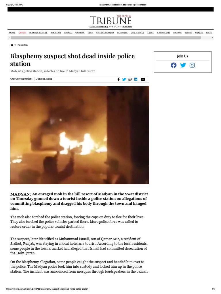 Blasphemy suspect shot dead inside police station | PDF Blasphemy suspect shot dead inside police station | PDF