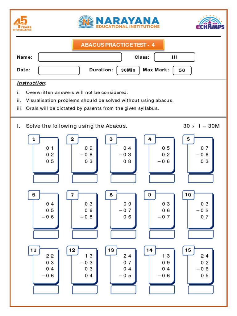 Class 3 Abacus Practice Test 4 | PDF