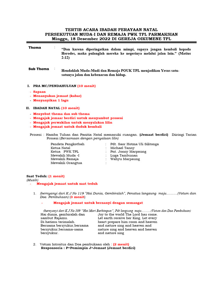 Tertib Acara Ibadah Perayaan Natal Persekutuan Muda-I Dan Remaja PWK TPL Parmaksian Minggu, 18 ...