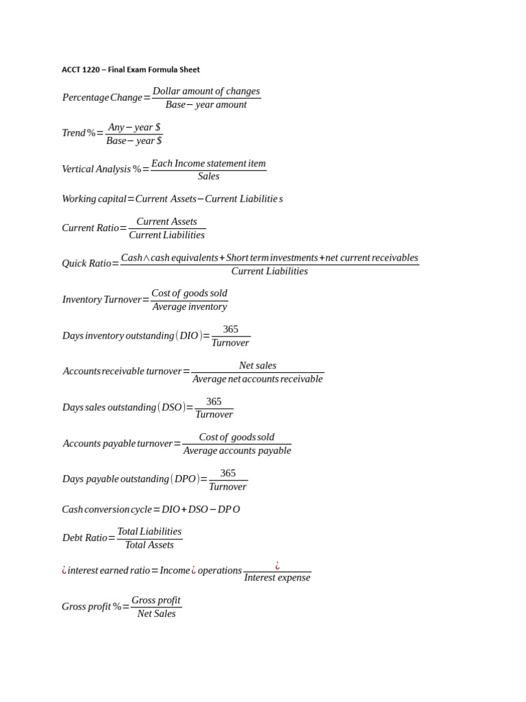 ACCT 1220 - Exam Formula Sheet | PDF | Equity (Finance) | Dividend