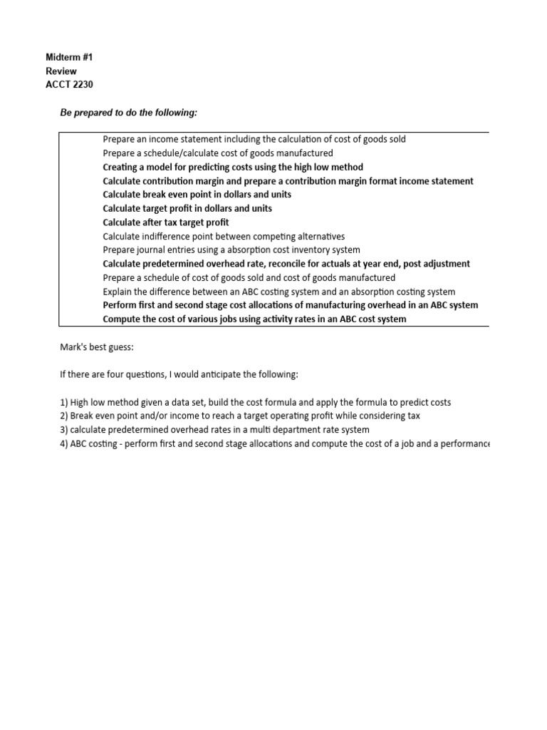 ACCT 2230 Midterm Review Guide | PDF | Cost Of Goods Sold | Business