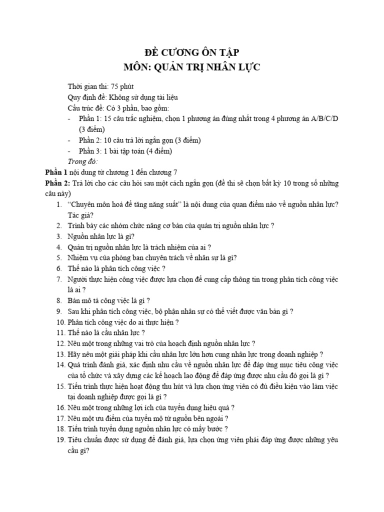 ĐỀ CƯƠNG ÔN TẬP HRM301 | PDF