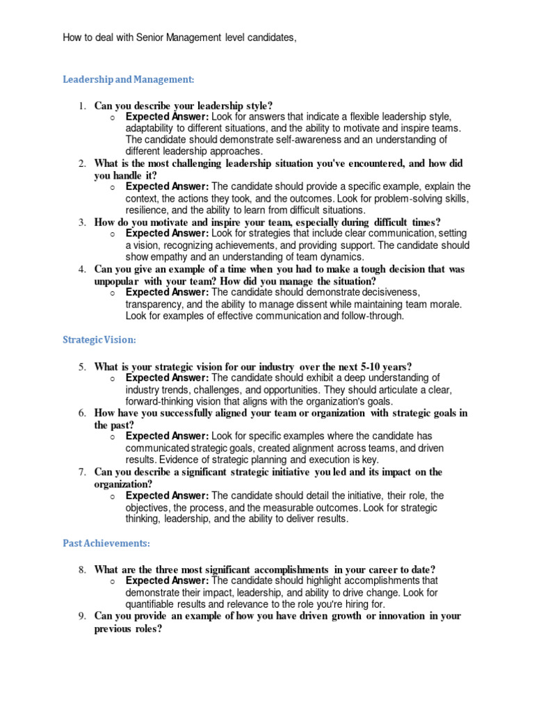 Interviewing Senior Management Candidates | PDF | Leadership | Goal