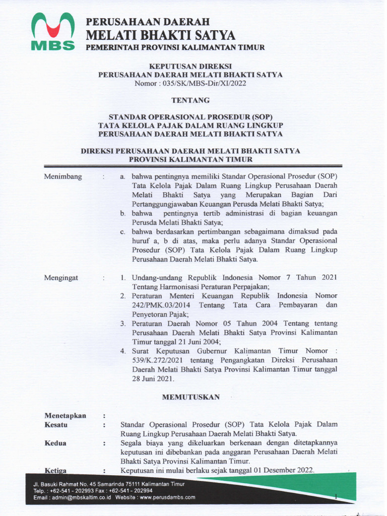 SK-Direksi-MBS_SOP-Tata-Kelola-Pajak-Dalam-Ruang-Lingkup-Perusda-MBS | PDF