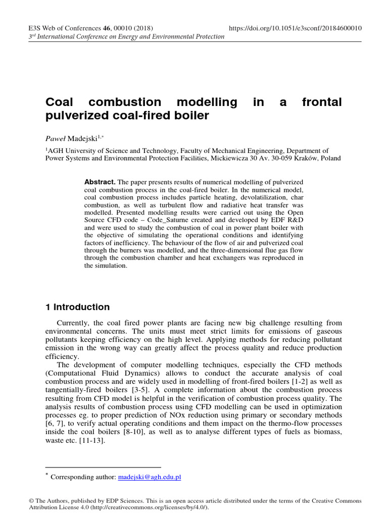 Coal Combustion Modelling in a Frontal Pulverized | PDF | Combustion | Boiler