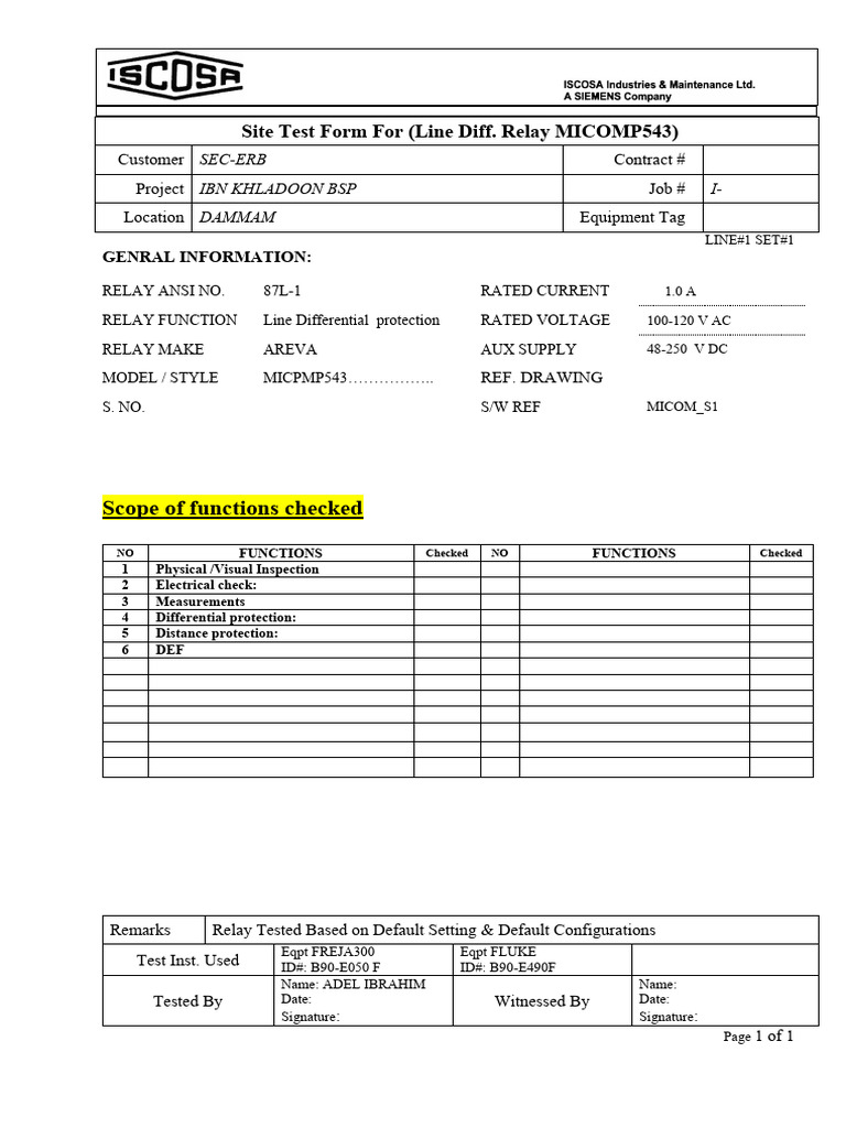 MICOM P543 Test Procedures | PDF | Relay | Electrical Equipment