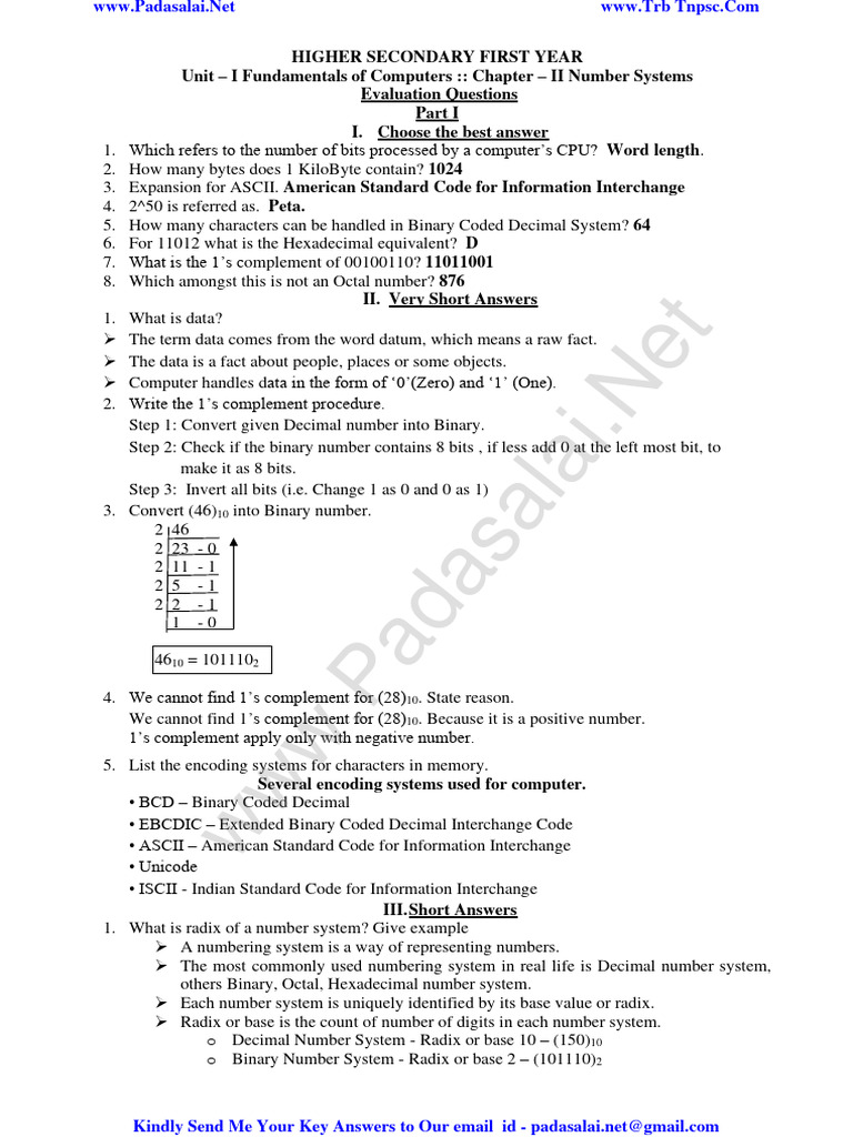 11th Computer Science Chapter 2 Number Systems Part 1 Book Back Questions English Medium PDF ...