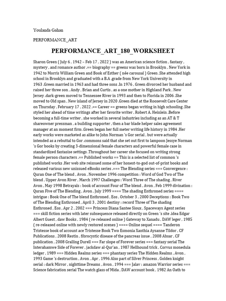 Performance Art 180 Worksheet | PDF