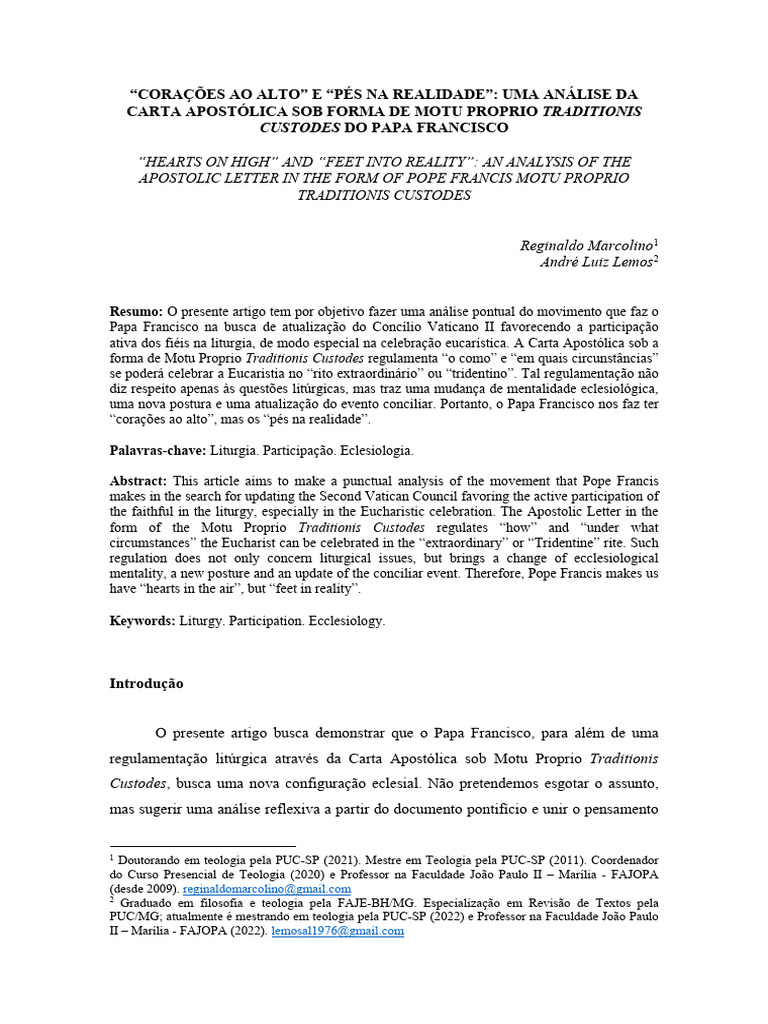 Análise do Motu Proprio Traditionis Custodes | PDF | Eucaristia ...