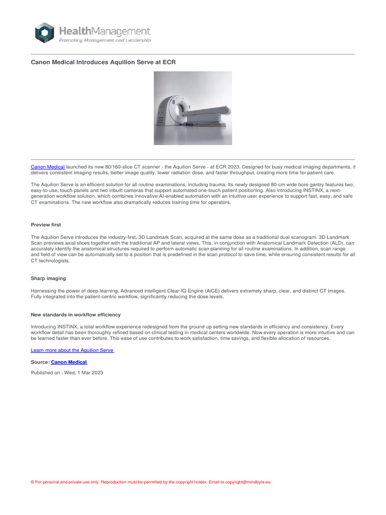Canon Medical Introduces Aquilion Serve at Ecr | PDF