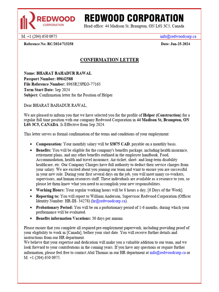 Bharat Bahadur Rawal Confirmation Letter | PDF | Human Resource ...