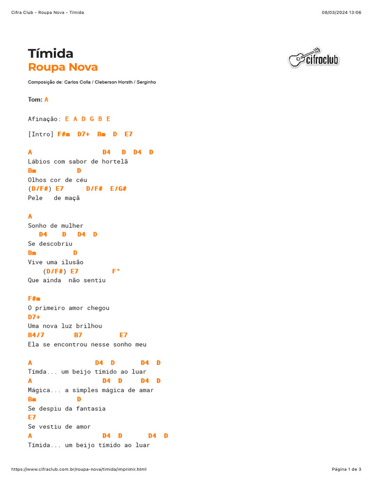 Cifra Club - Roupa Nova - Tímida | PDF