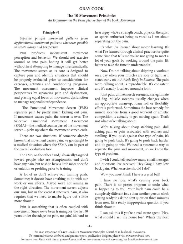 Gray Cook 10 Movement Principles | PDF | Perception | Pain