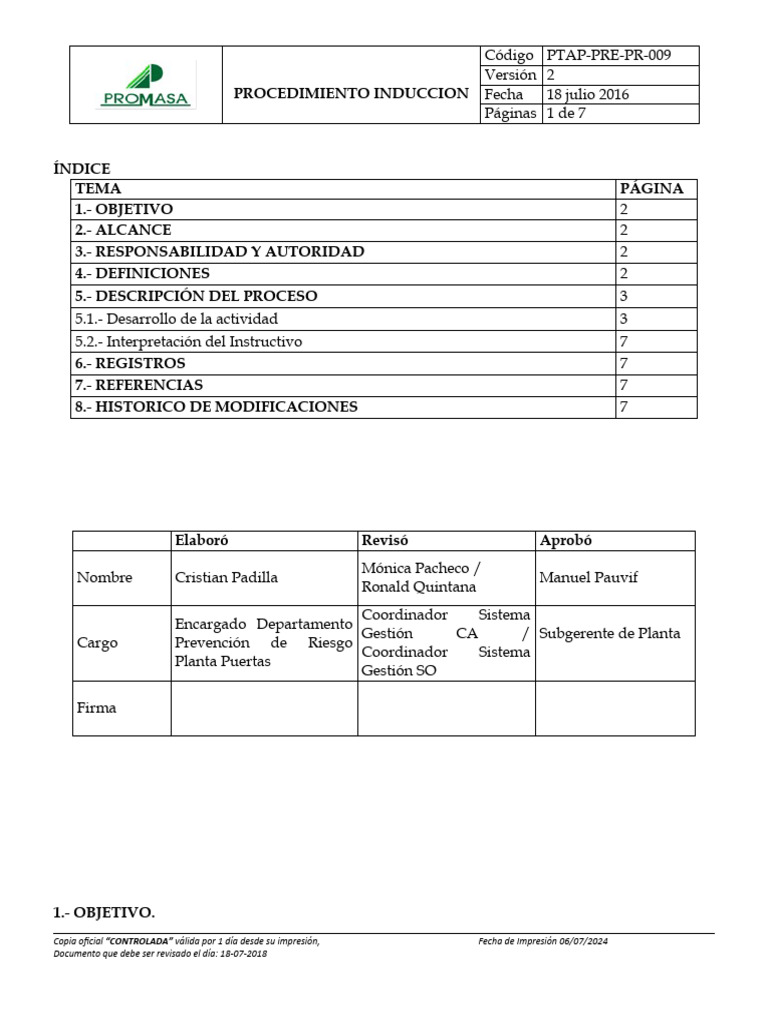 Ptap-Pre-Pr-009 Procedimiento de Inducción | PDF | Seguridad y salud ocupacional | Sistema de ...
