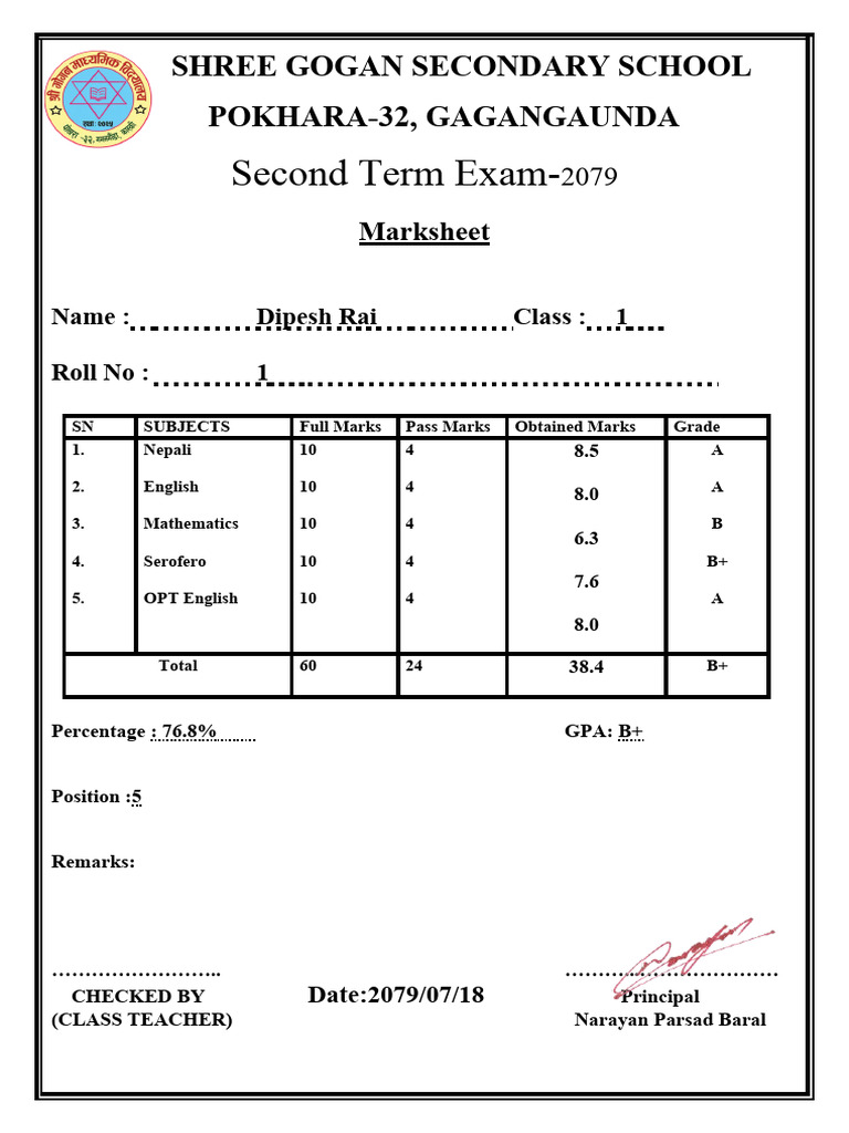 class 1 marksheet | PDF
