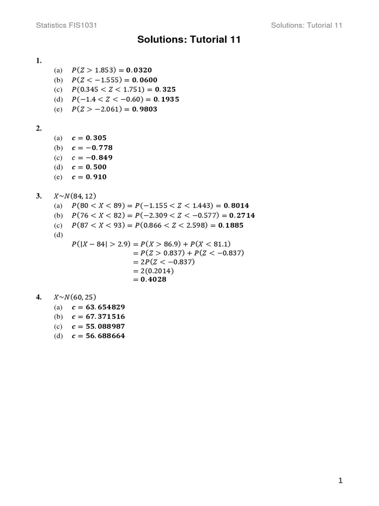 Tutorial 11 Normal Distribution - SOLUTIONS | PDF | Statistical Theory | Probability Theory