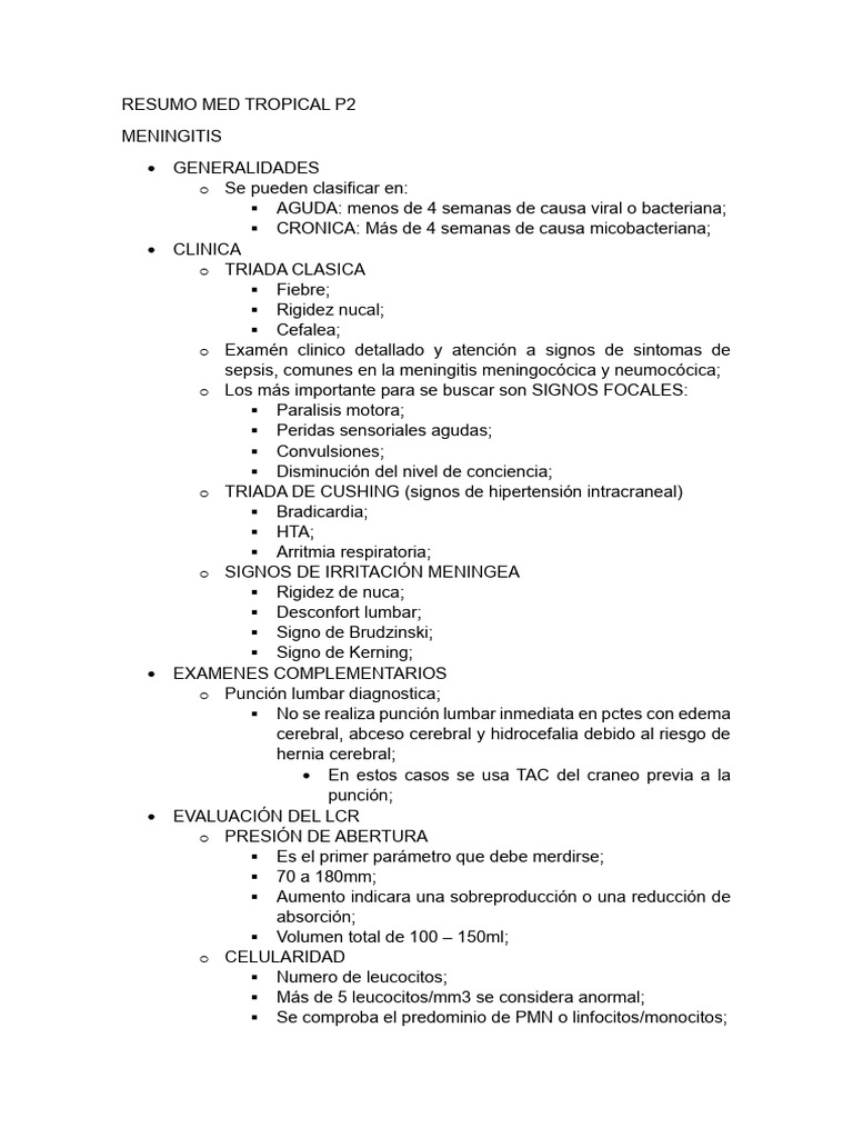 Resumo Med Tropical P2 | PDF | Meningitis | Tuberculosis