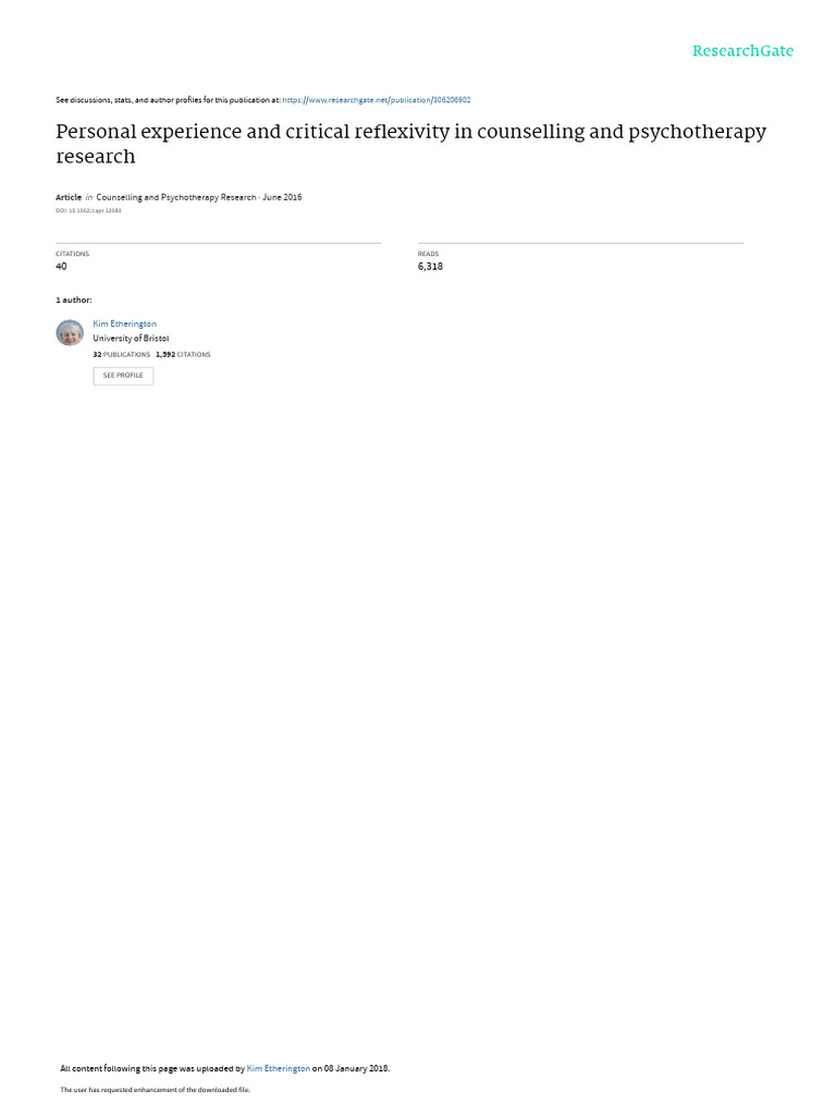 Personal Experience and Critical Reflexivity in Counselling and | PDF ...