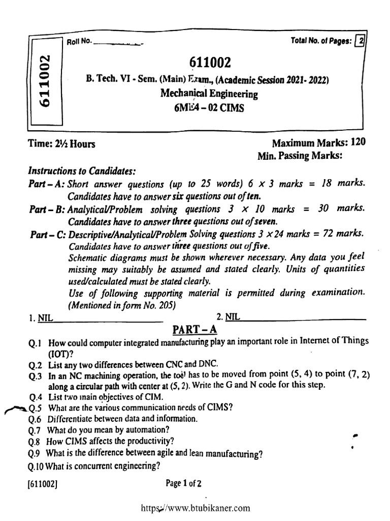 btech-me-6-sem-cims-611002-2022 | PDF