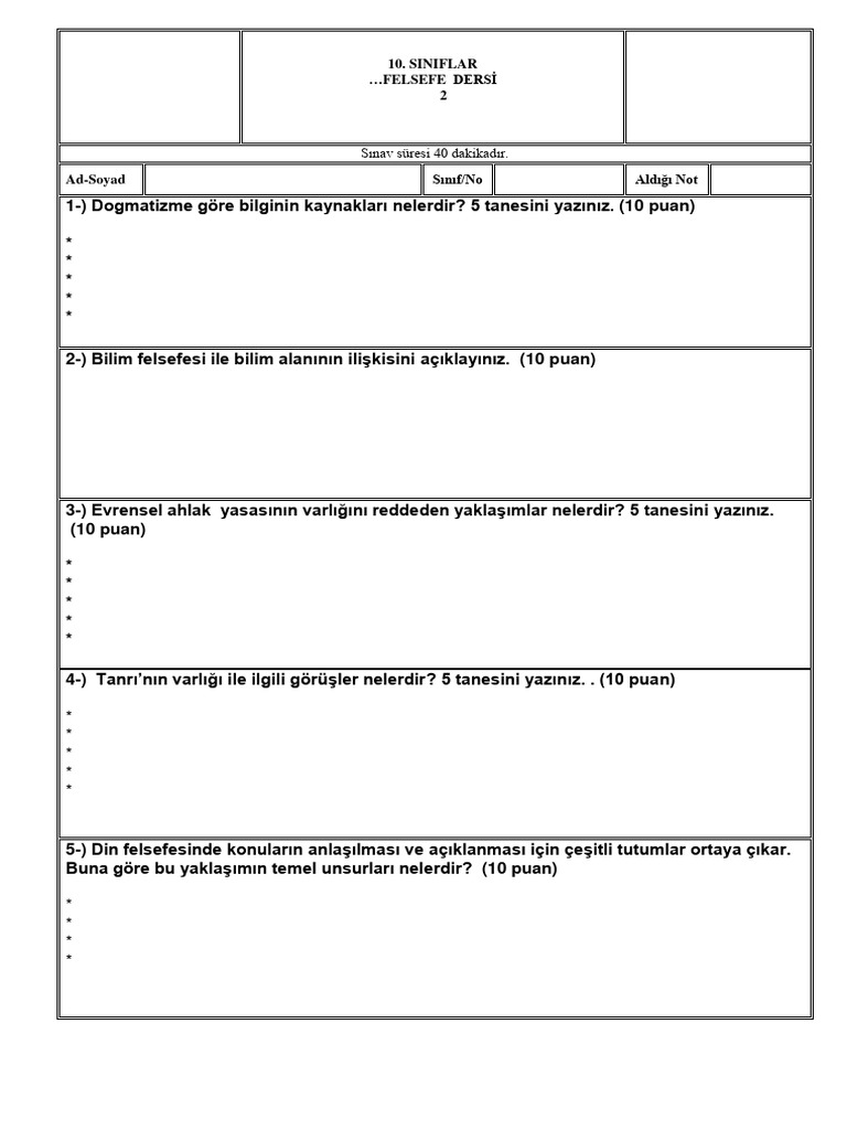 Siniflar Felsefe Dersi 2: Sınav Süresi 40 Dakikadır | PDF