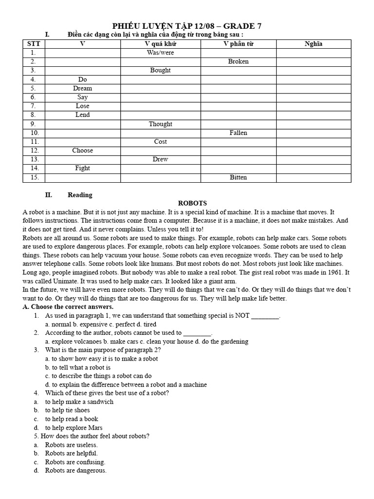 (30B) G7 PHIẾU LUYỆN TẬP 1282023 | PDF | Robot | Robotics