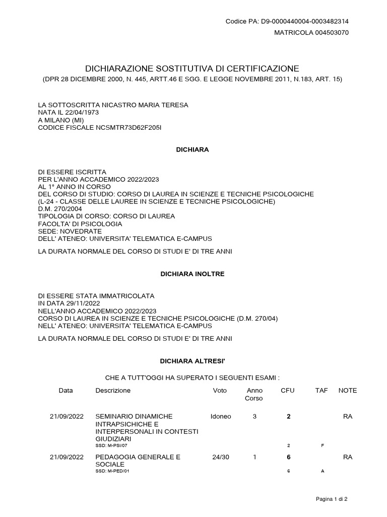 Autodichiarazione Iscrizionecon Esami | PDF