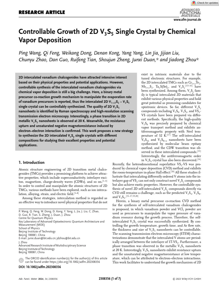 Adv Funct Materials - 2023 - Wang - Controllable Growth of 2D V3S5 ...