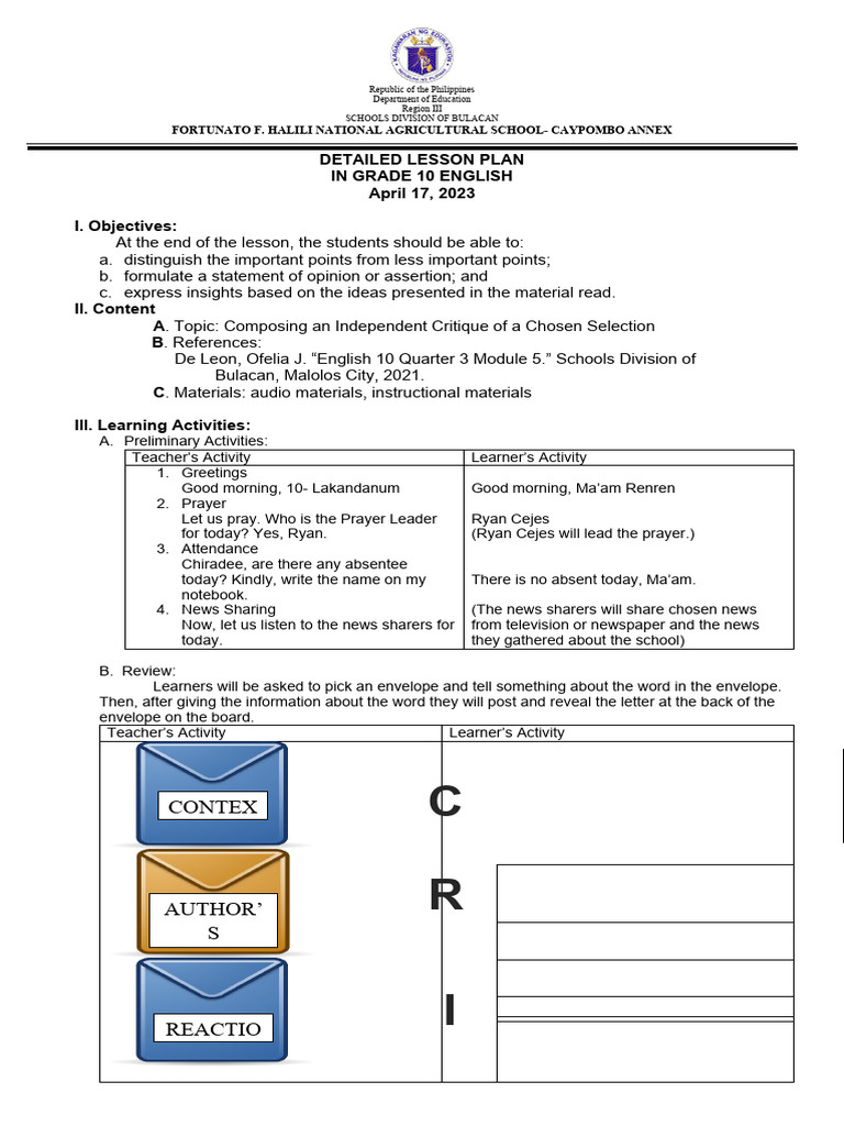 Detailed LP COT 1 2022-2023 | PDF | Intention | Educational Assessment