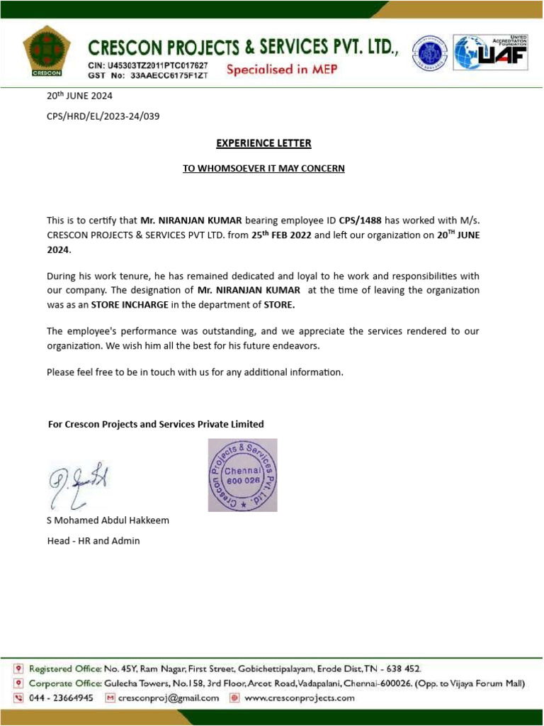 NIRANJAN Experience Letter Crescon | PDF