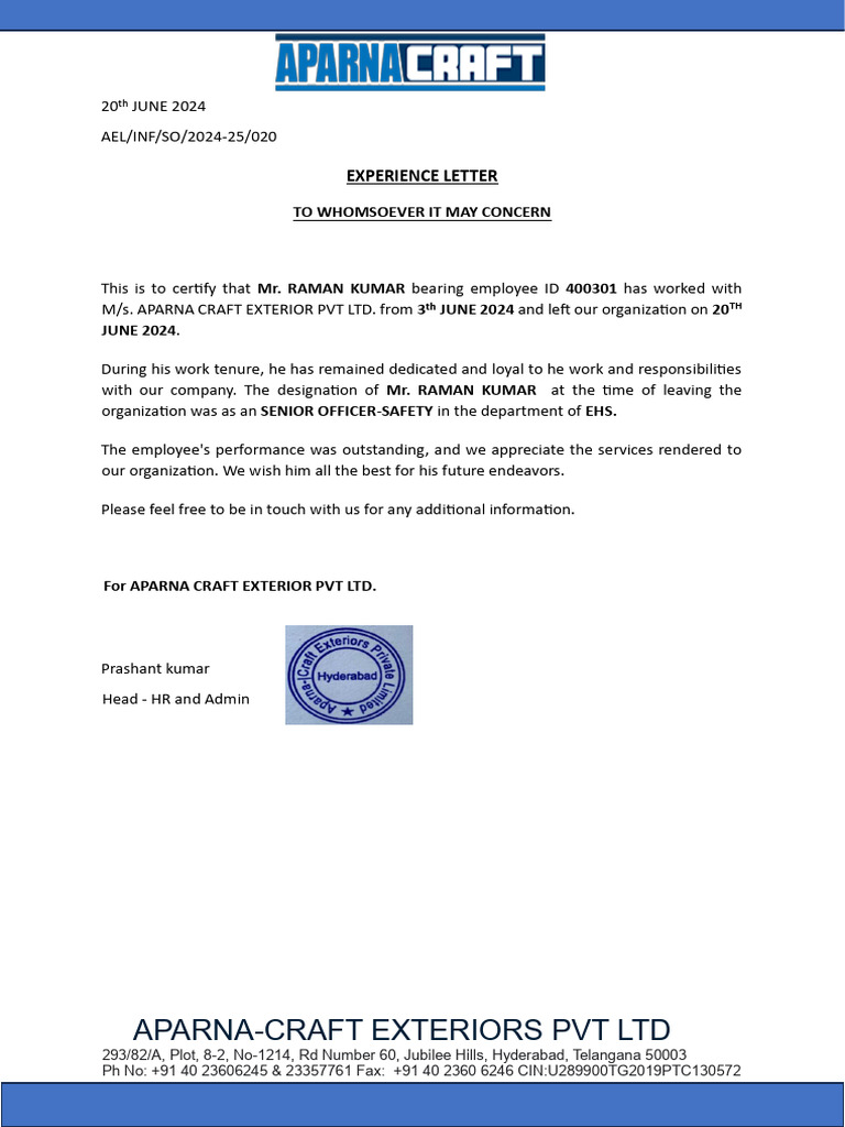 Experience Letter for Raman Kumar | PDF