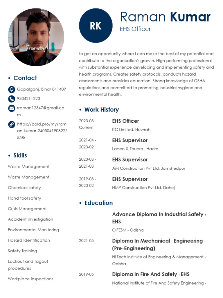 EHS Officer Resume: Raman Kumar | PDF | Occupational Safety And Health ...