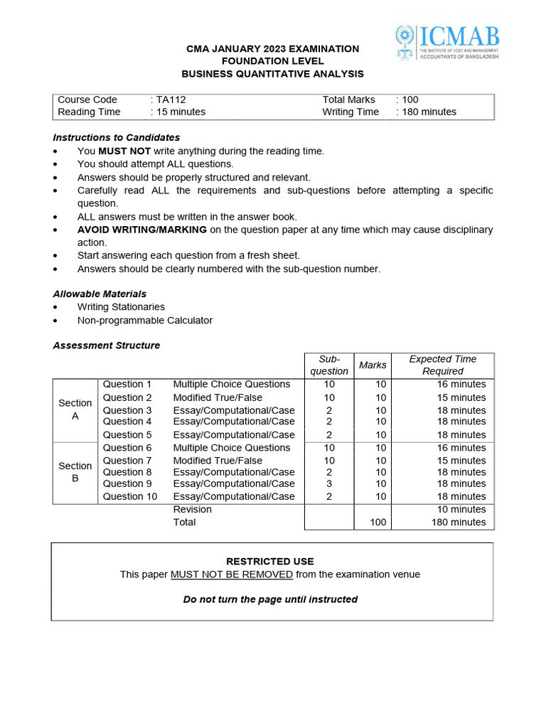 TA112.BQA (F.L) Question CMA January-2023 Exam. | PDF | Dependent And Independent Variables ...
