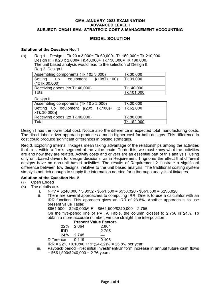 CM341. SMA (AL-I) Solution CMA January-2023 Exam. | PDF | Internal Rate Of Return | Net Present ...