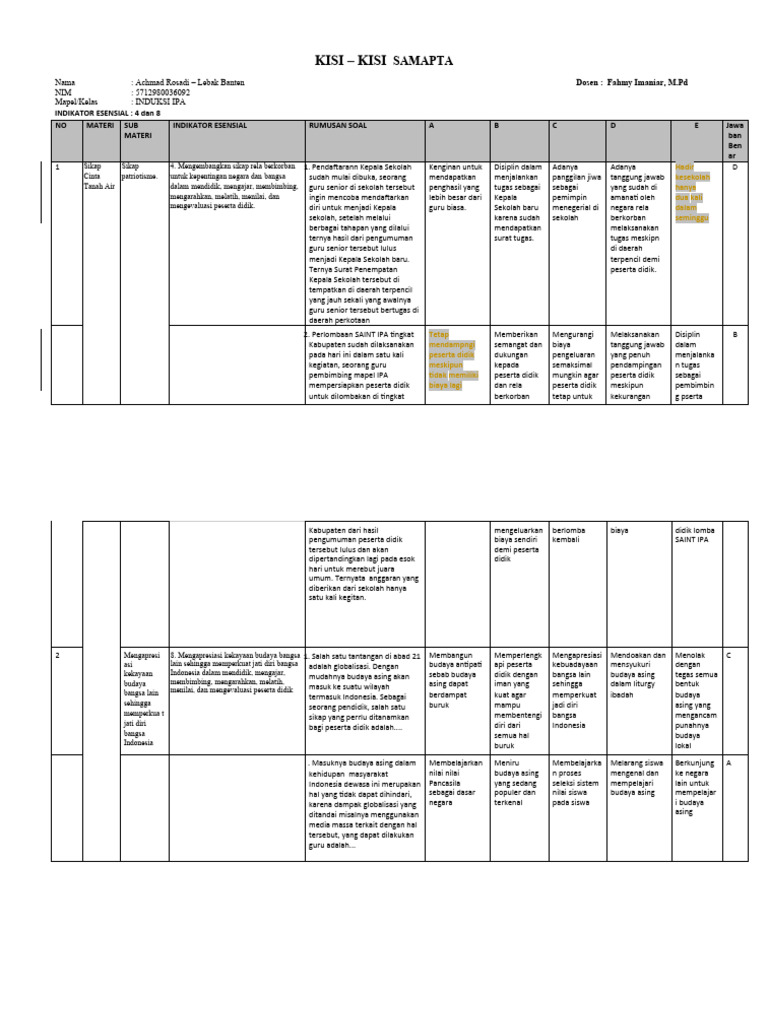 Kisi - Kisi Soal Samapta | PDF